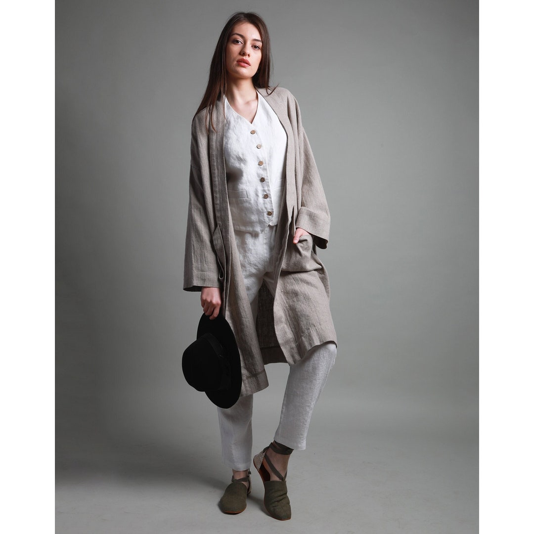 KIM Long Linen Kimono Style Cardigan, Women Linen Duster Coat, Linen ...
