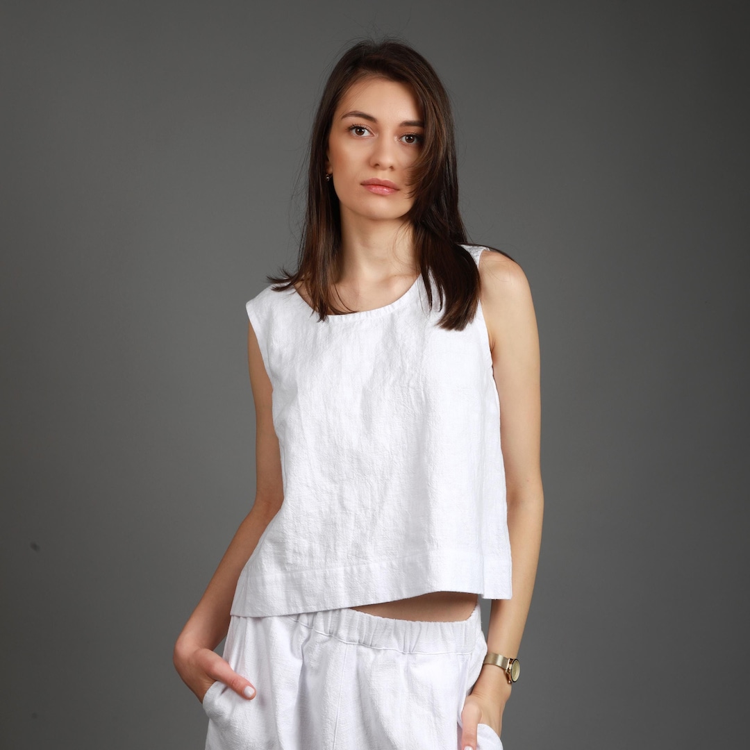 MONA Sleeveless Cropped Wide Linen Tank Top, Flared Linen Blouse ...