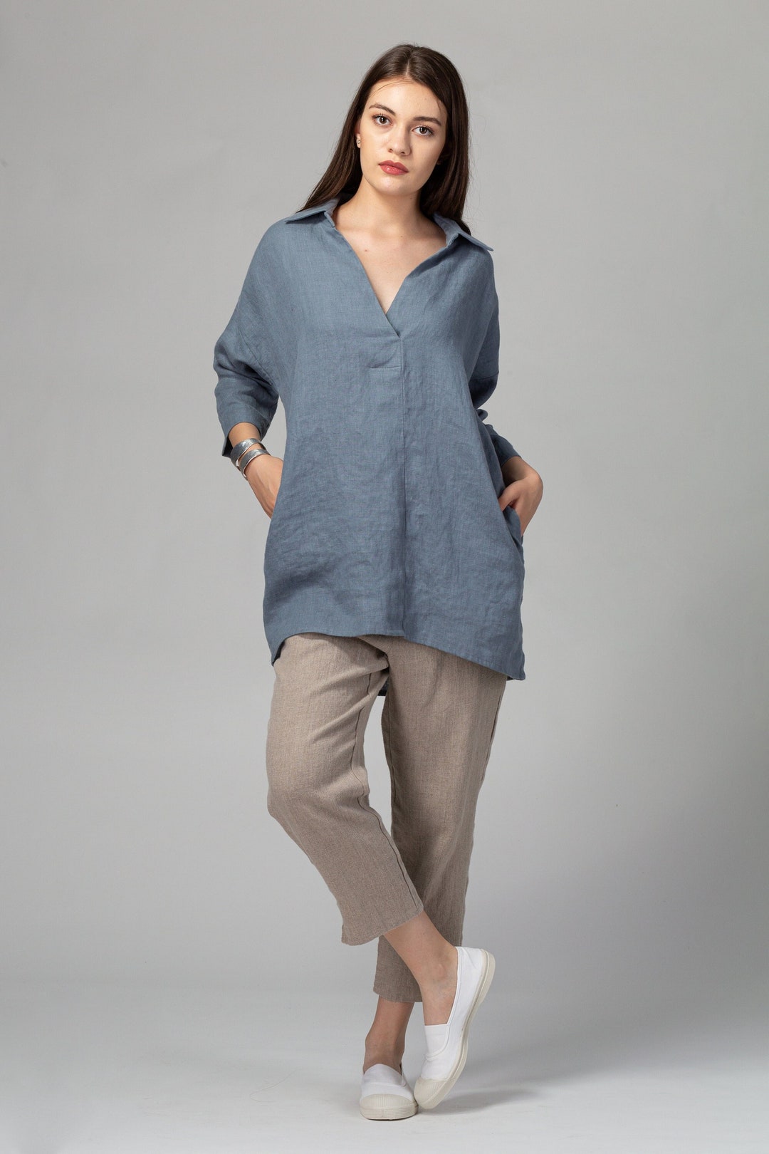 READY TO SHIP Light Blue Loose Linen Tunic Shirt With Side Pockets ...
