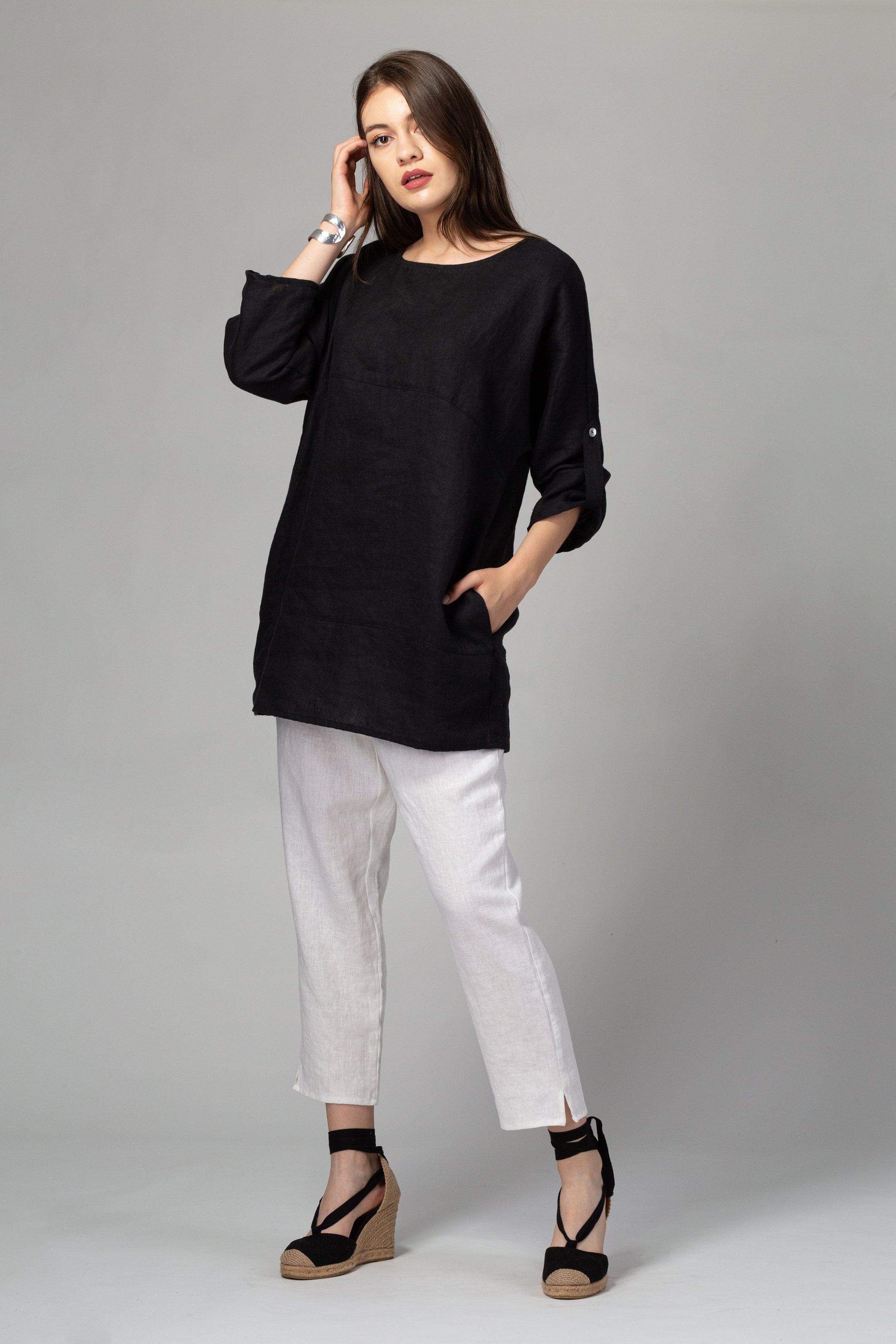 REYA Oversized Black Linen Tunic With Side Pockets Relaxed - Etsy