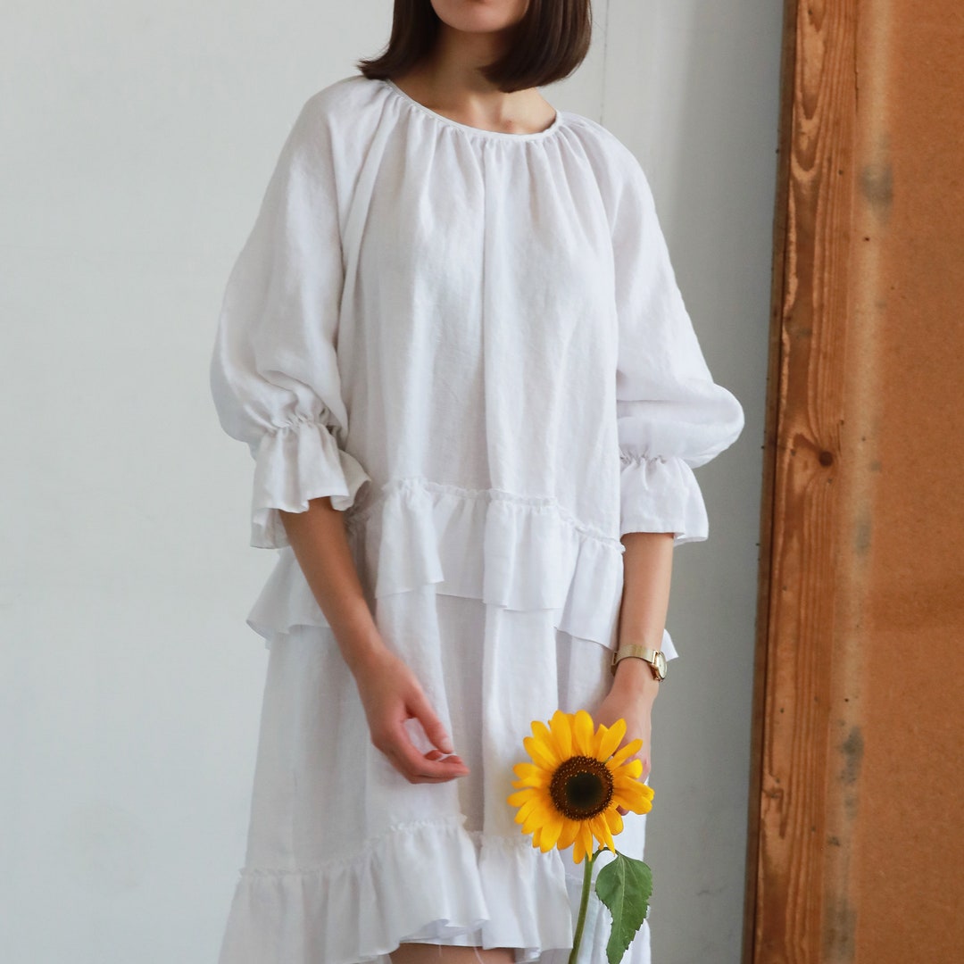 INA Peasant Style Midi Linen Dress With Ruffles and Voluminous Sleeves ...