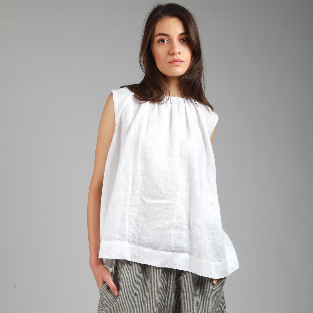 VIVA Loose Flared Sleeveless Linen Top, Gathered Neck Linen Tee ...
