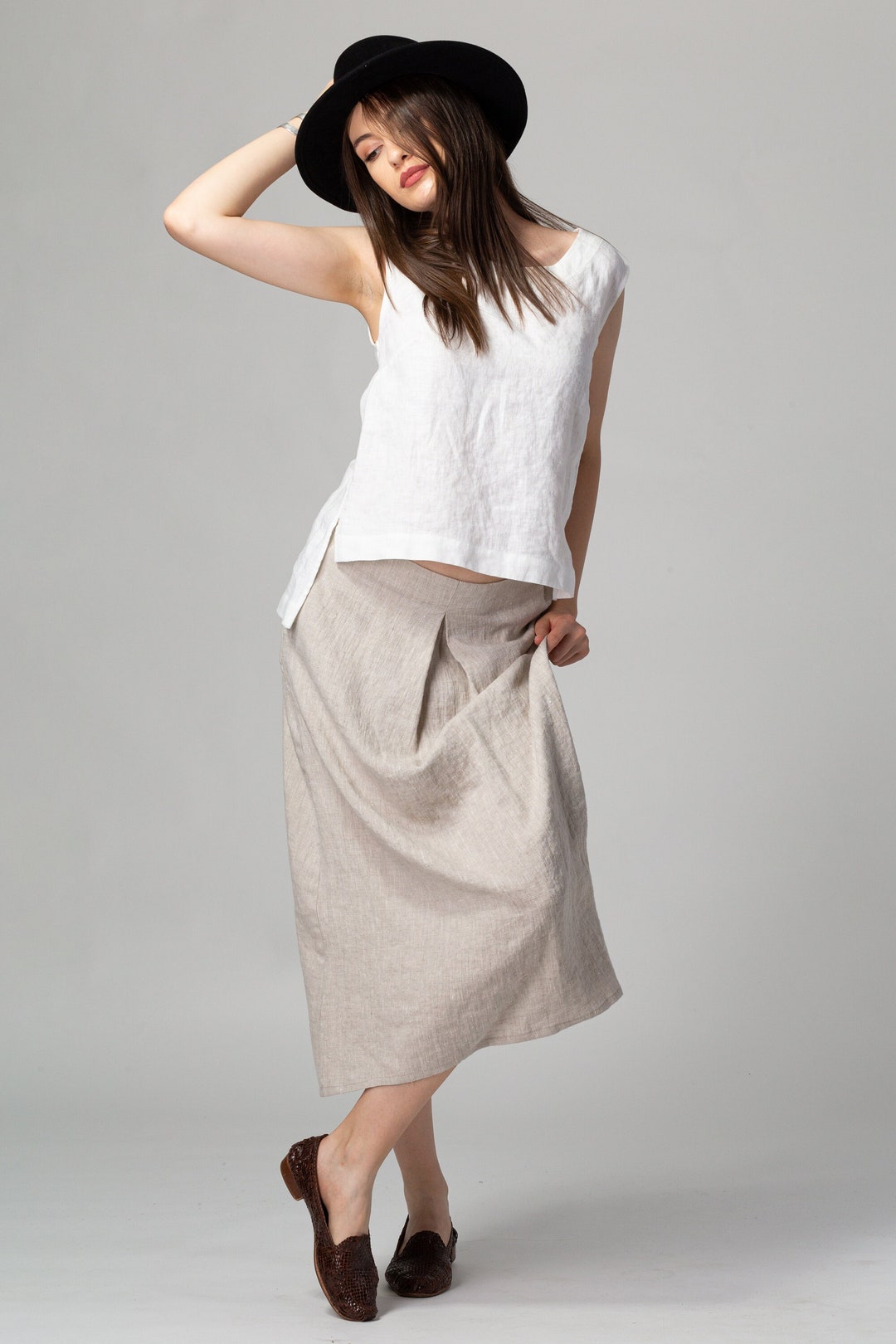 Box Pleat Linen Skirt: Midi A-line Skirt With Pockets - Etsy