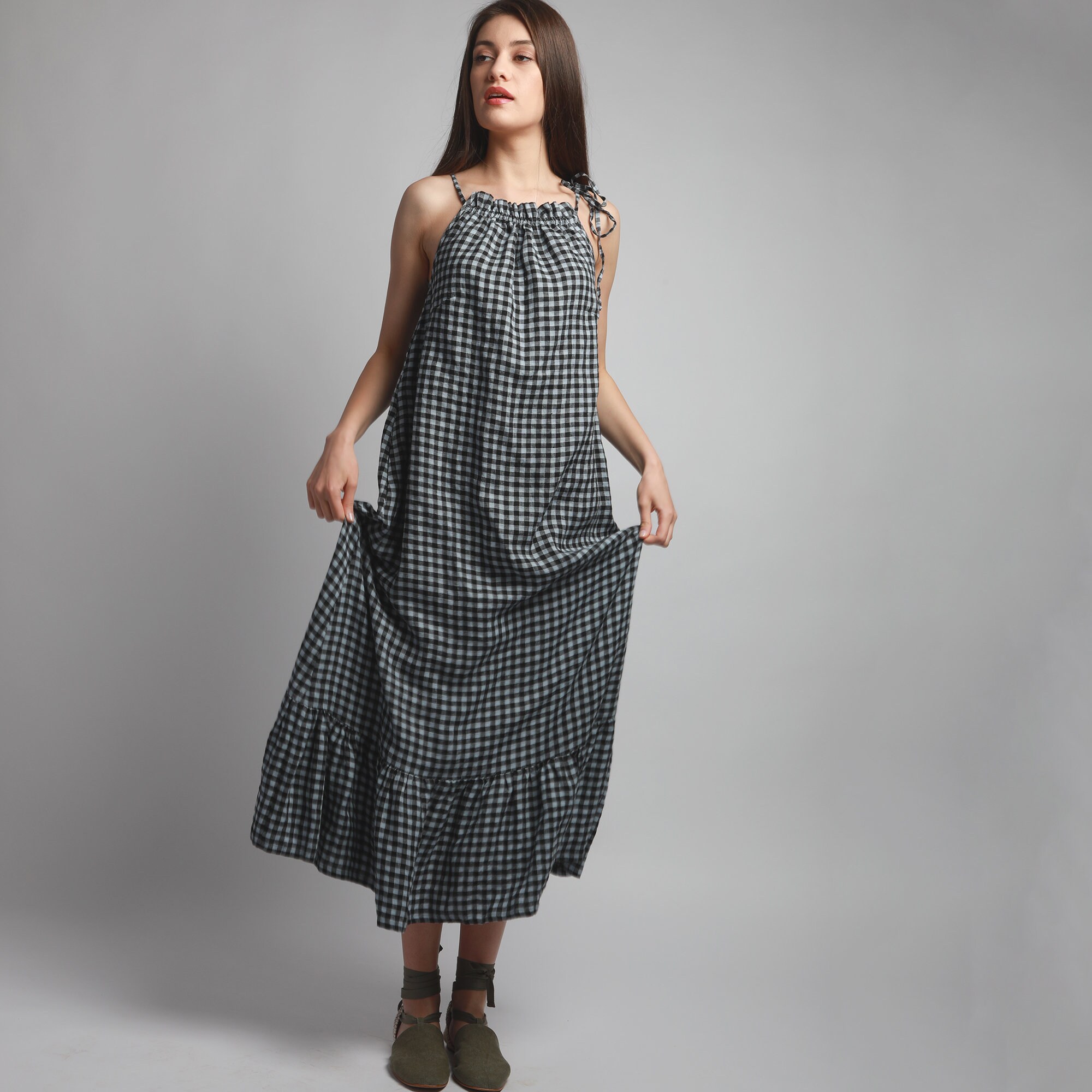 CLOVER Maxi Halter Linen Dress With Ruffles, Romantic Linen Dress ...
