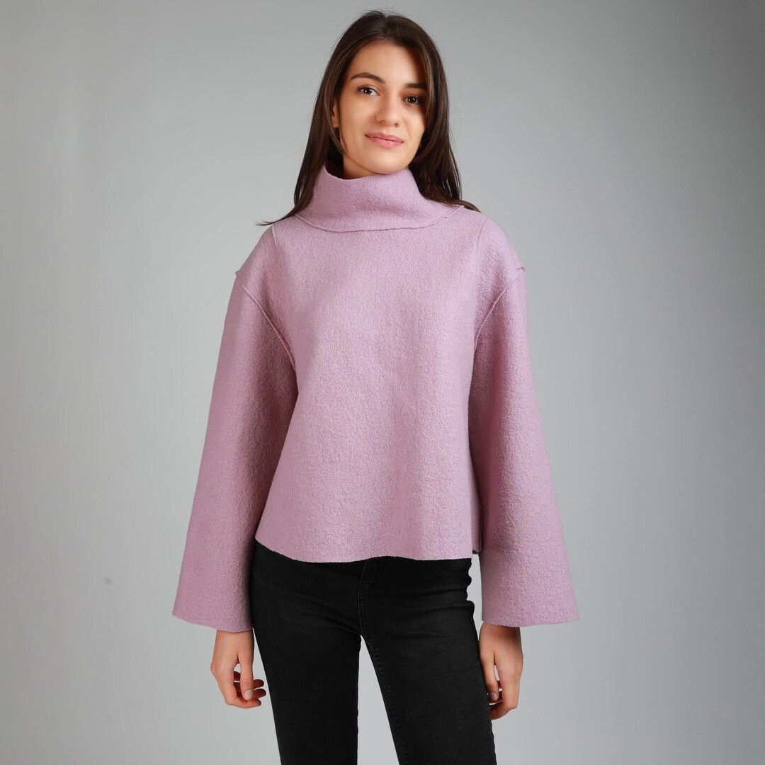 ALICE Cropped Loose Boiled Wool Jumper With Stand up Collar, Plus Size ...