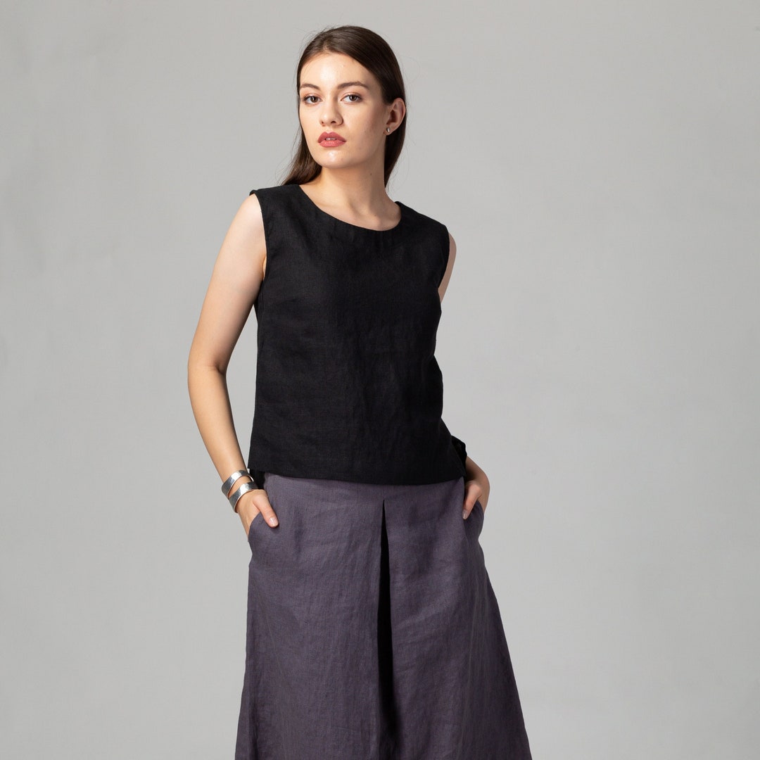Black High-low Linen Top Sleeveless Linen Top Linen Top With Side Slits ...