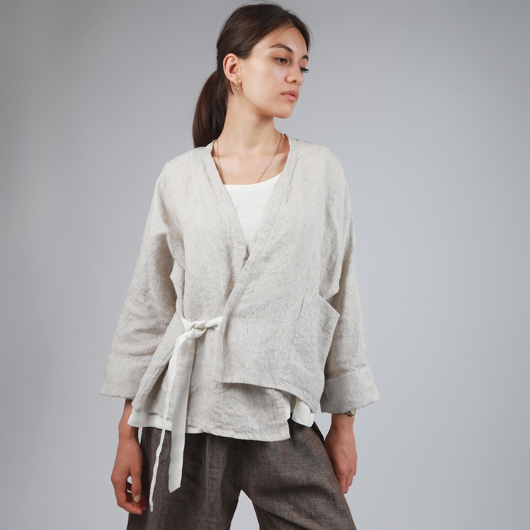 JUNIPER Linen Wrap Jacket, Minimalist Kimono Cardigan With Ties, Drop ...