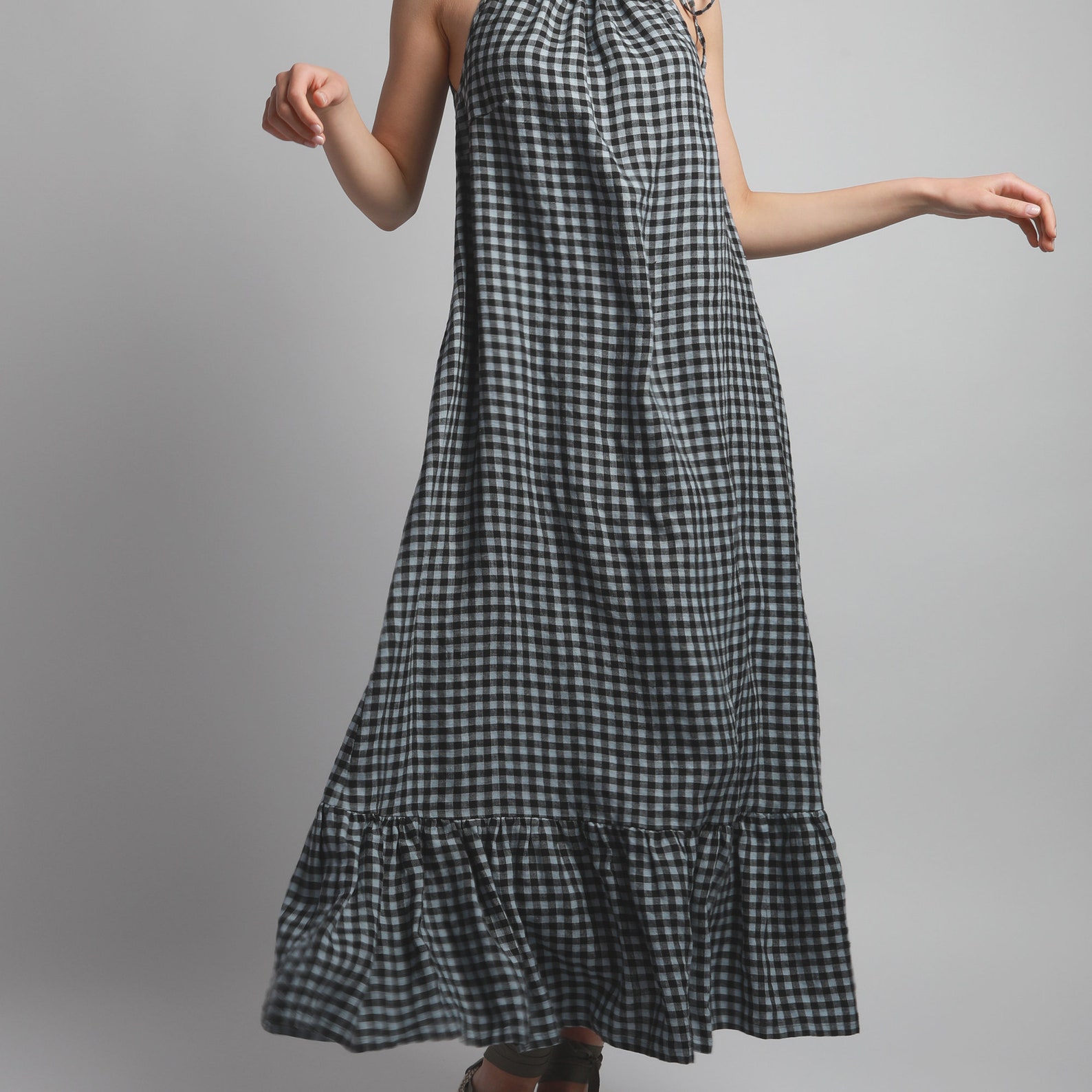 CLOVER Maxi Halter Linen Dress With Ruffles, Romantic Linen Dress ...