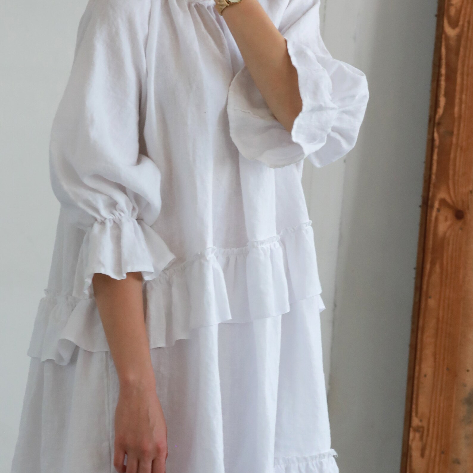 INA Peasant Style Midi Linen Dress With Ruffles and Voluminous Sleeves ...