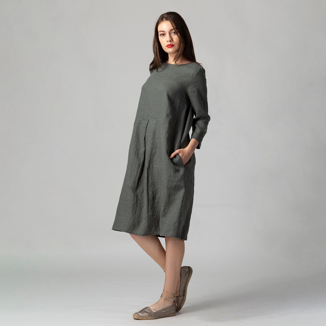 READY TO SHIP Linen Dress Midi With Front Pleat, Green Linen Dress ...