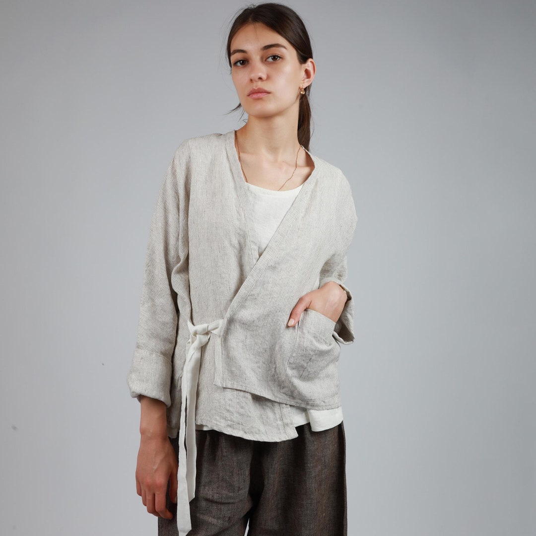 JUNIPER Linen Wrap Jacket, Minimalist Kimono Cardigan With Ties, Drop ...