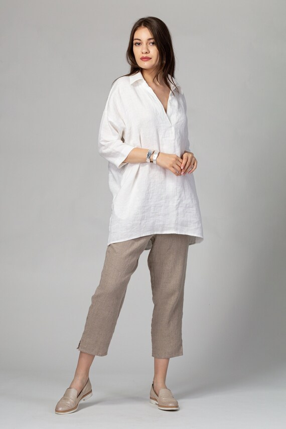 White Loose Linen Tunic With Side Pockets Linen Tunic Shirt - Etsy