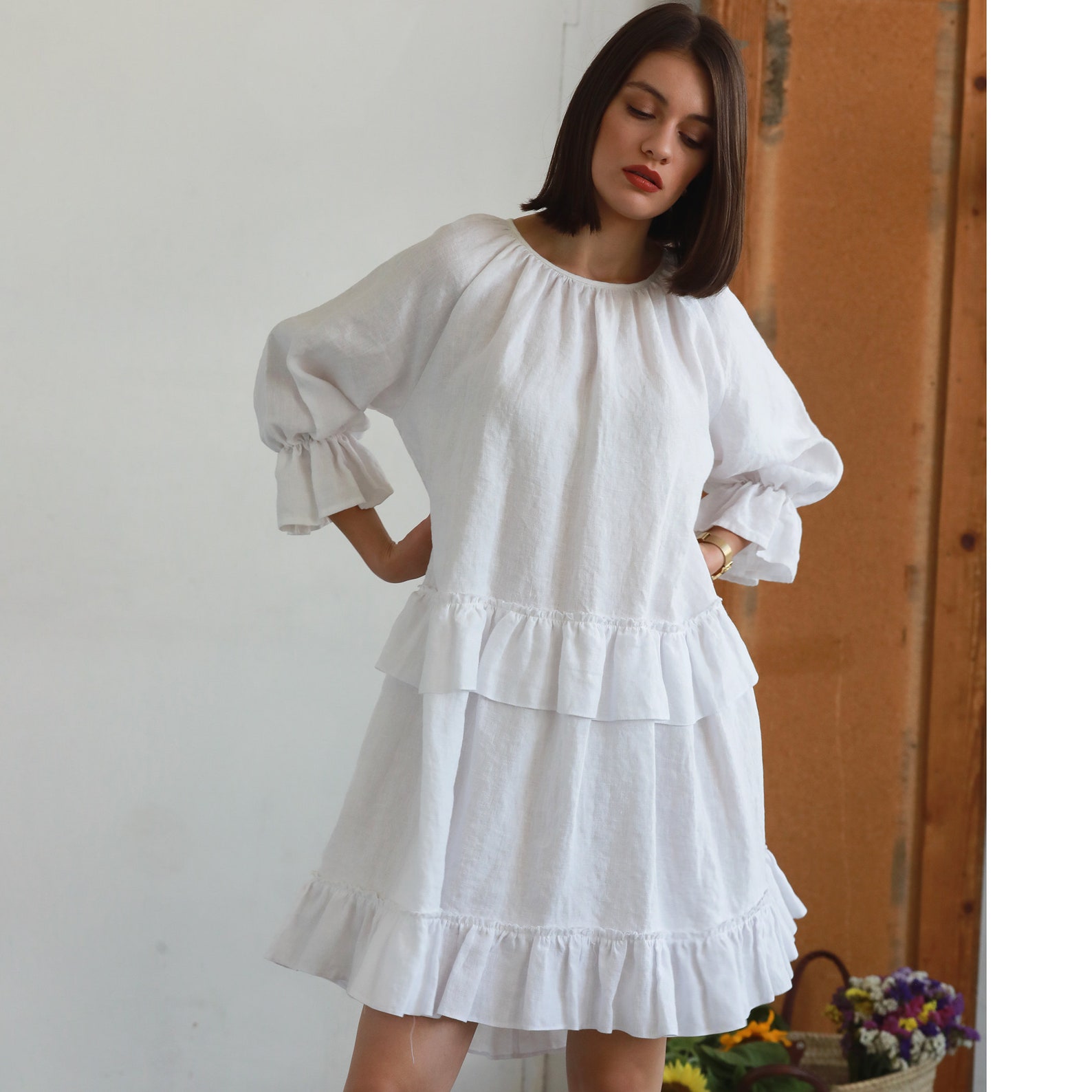 INA Peasant Style Midi Linen Dress With Ruffles and Voluminous Sleeves ...