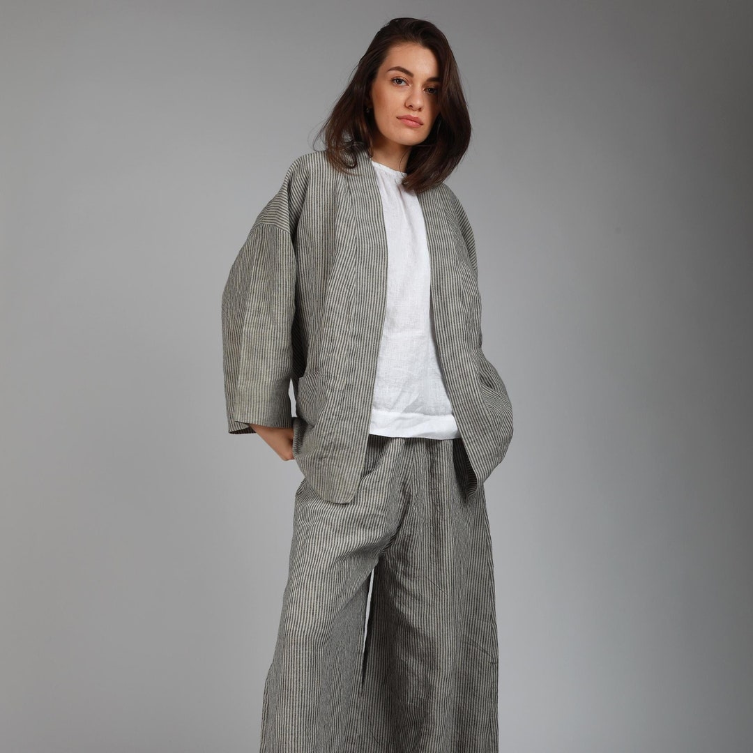 LIBERTY Loose Kimono Style Jacket With Belt, Long Sleeve Linen Cardigan ...