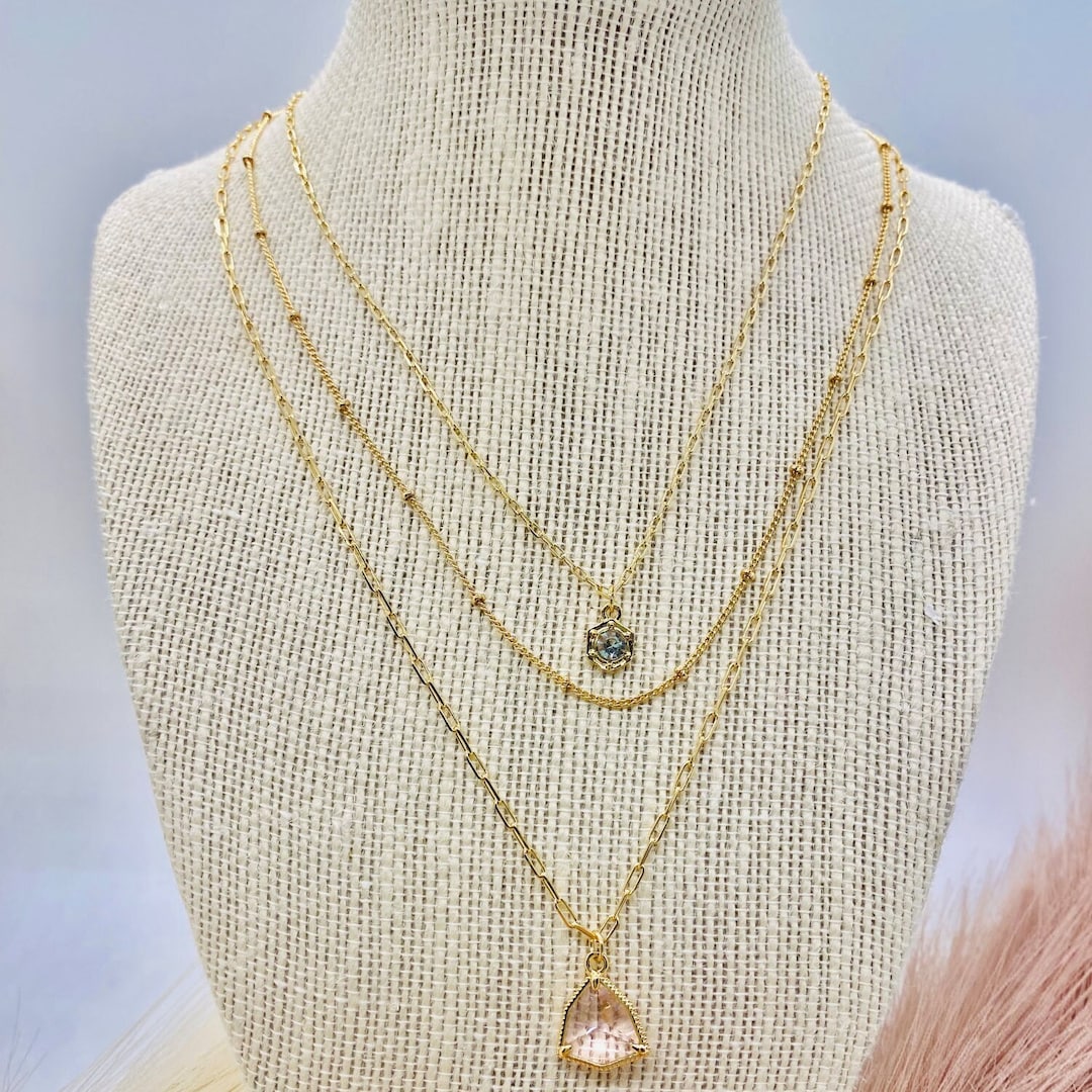 The Laura 3-layer Gold Chain Necklace With Pink & Sparkle Pendant ...