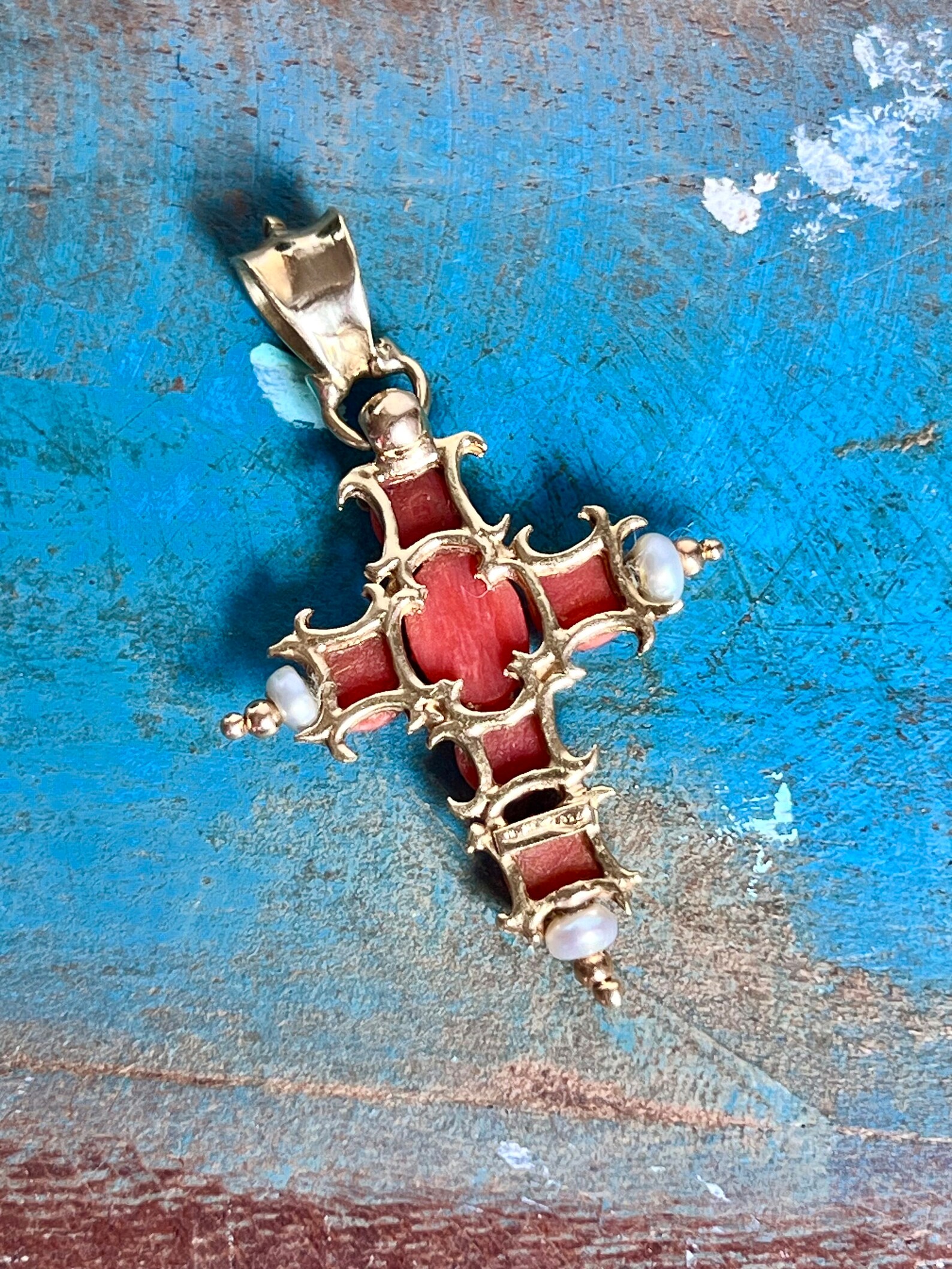 Vintage Italian Coral Cross Set With Red Coral and Pearls - Etsy