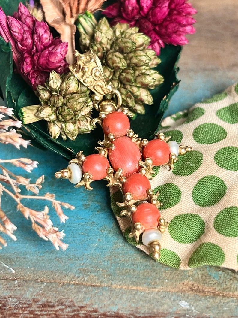 Vintage Italian Coral Cross Set With Red Coral and Pearls - Etsy