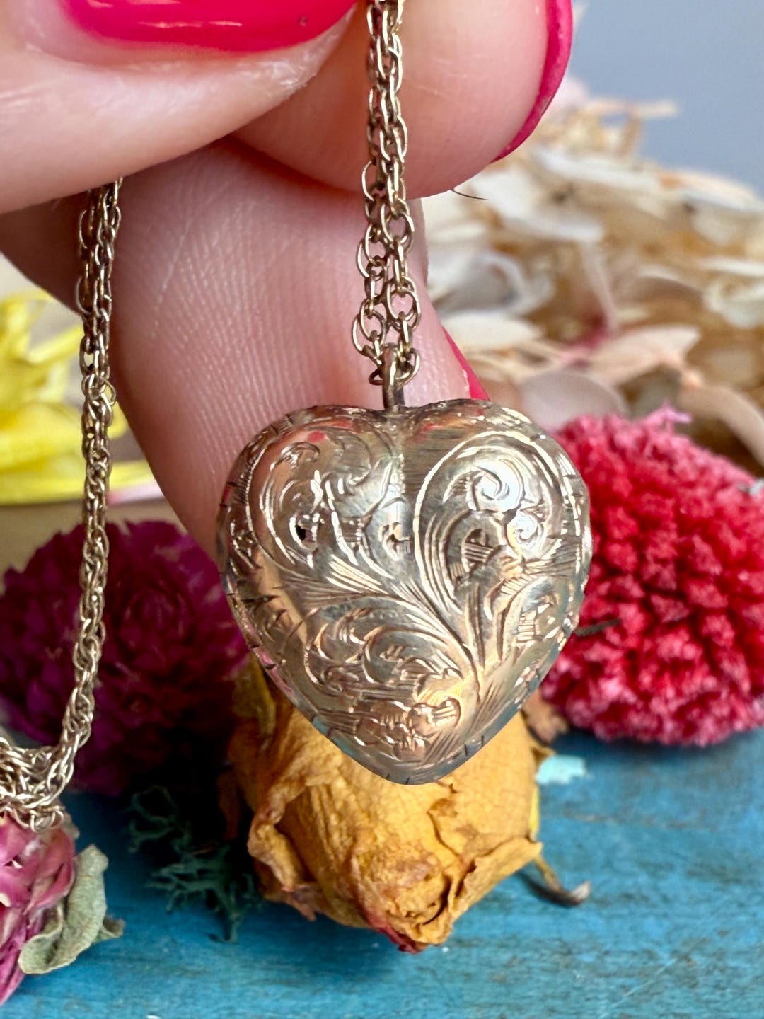 Antique Victorian Heart Locket With Floral Motif and Chain - Etsy