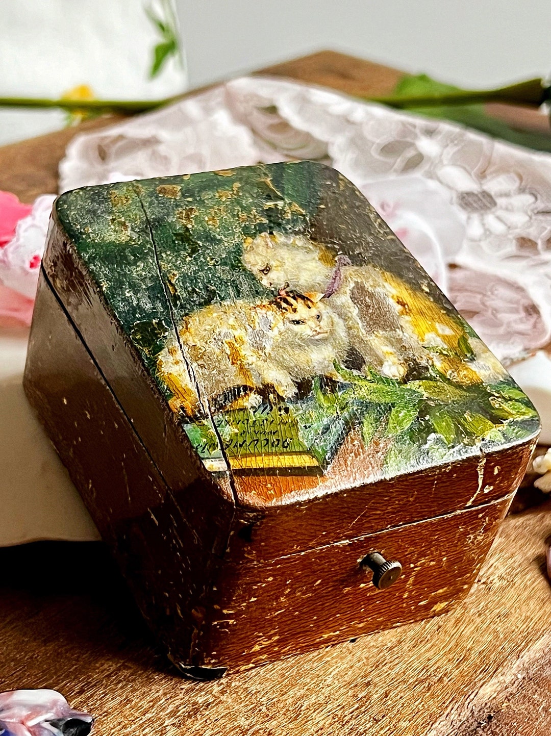 Antique Wooden Pocket Watch Box With Cats, Cat Box, Watch Box, Brooch ...