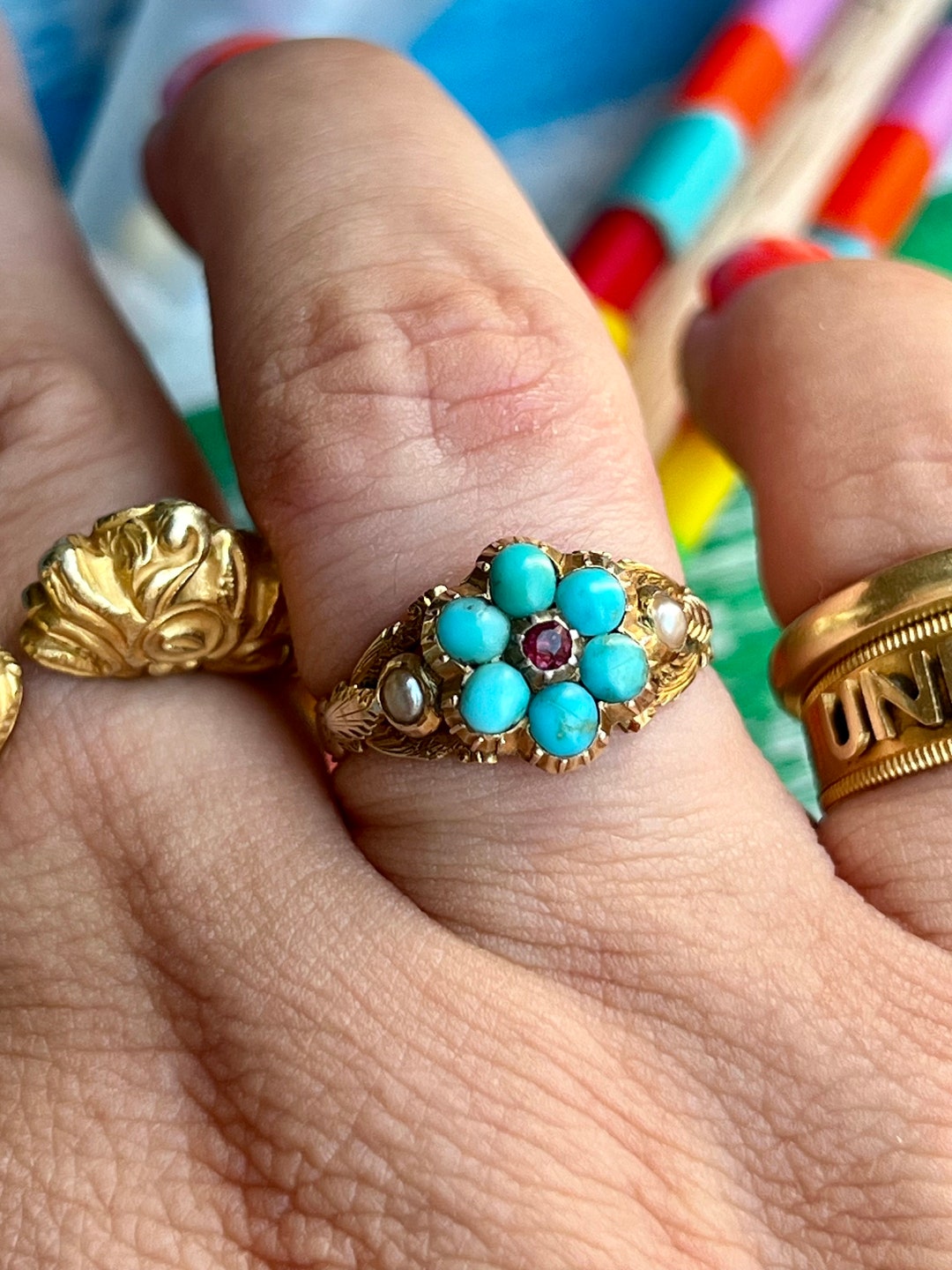 Antique Georgian Sentimental Ring With Forget Me Not Turquoises and an ...