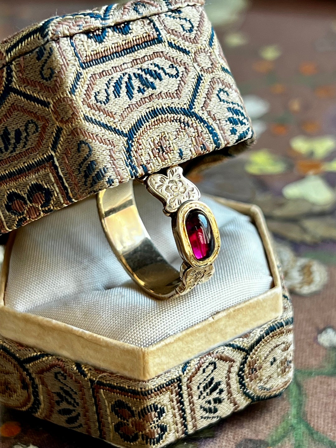 Antique Victorian Sentimental Ring With Floral Motif and Cabochon ...