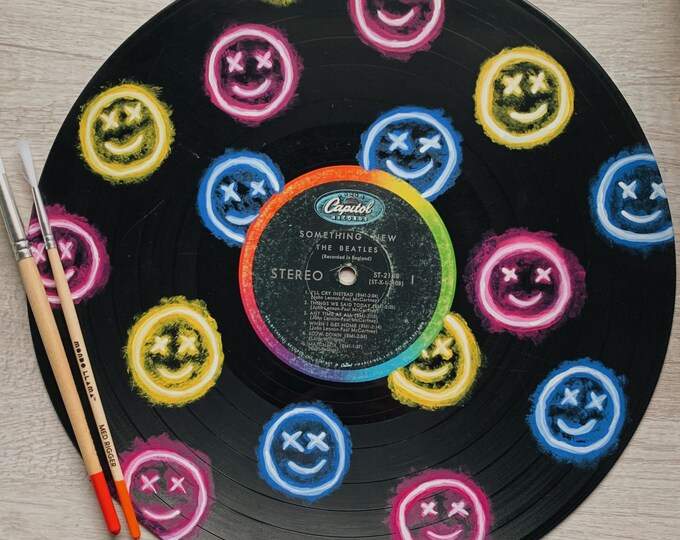 Painted Vinyl Record-neon Smiley Faces - Etsy