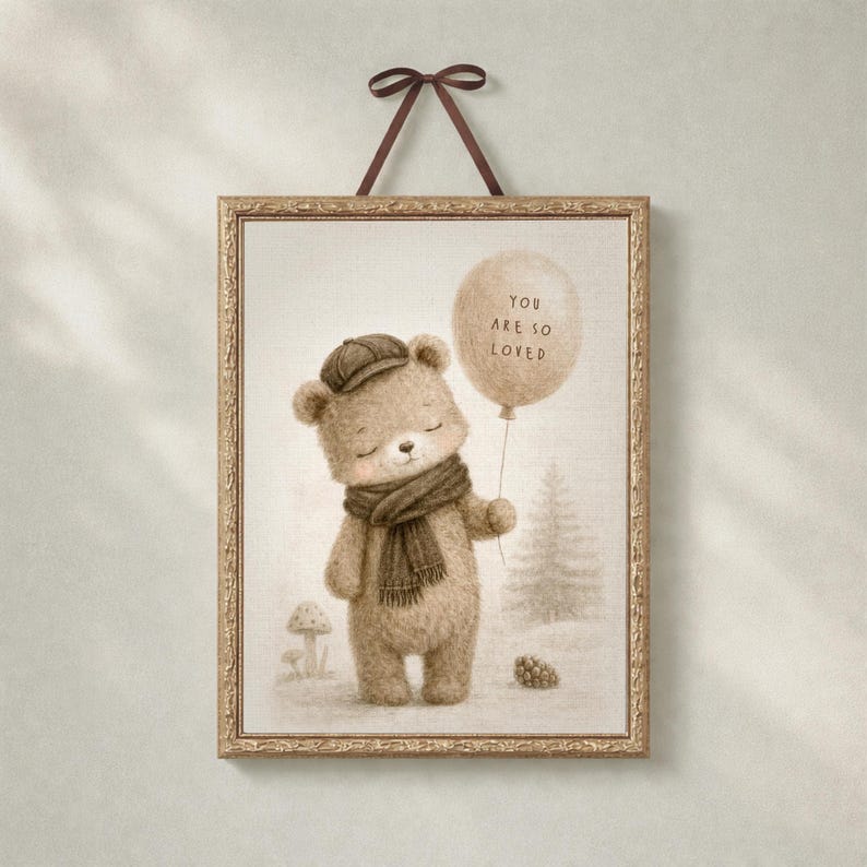 Vintage Teddy Bear Print, Neutral Nursery Wall Art, Woodland Baby Room ...