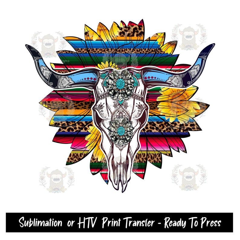 Sublimation Print OR HTV Transfer Cow Skull and Sunflowers - Etsy