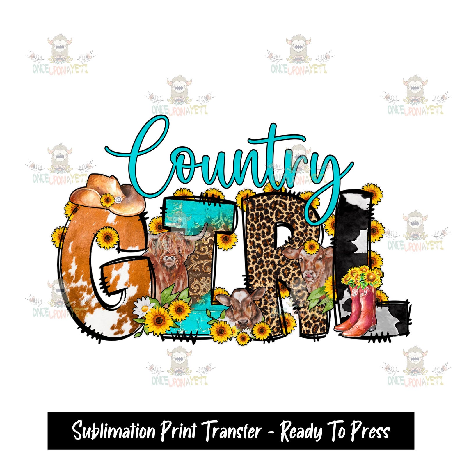 Country Girl Sublimation Print Transfer: Cowboy Boots, Cows, Sunflower ...