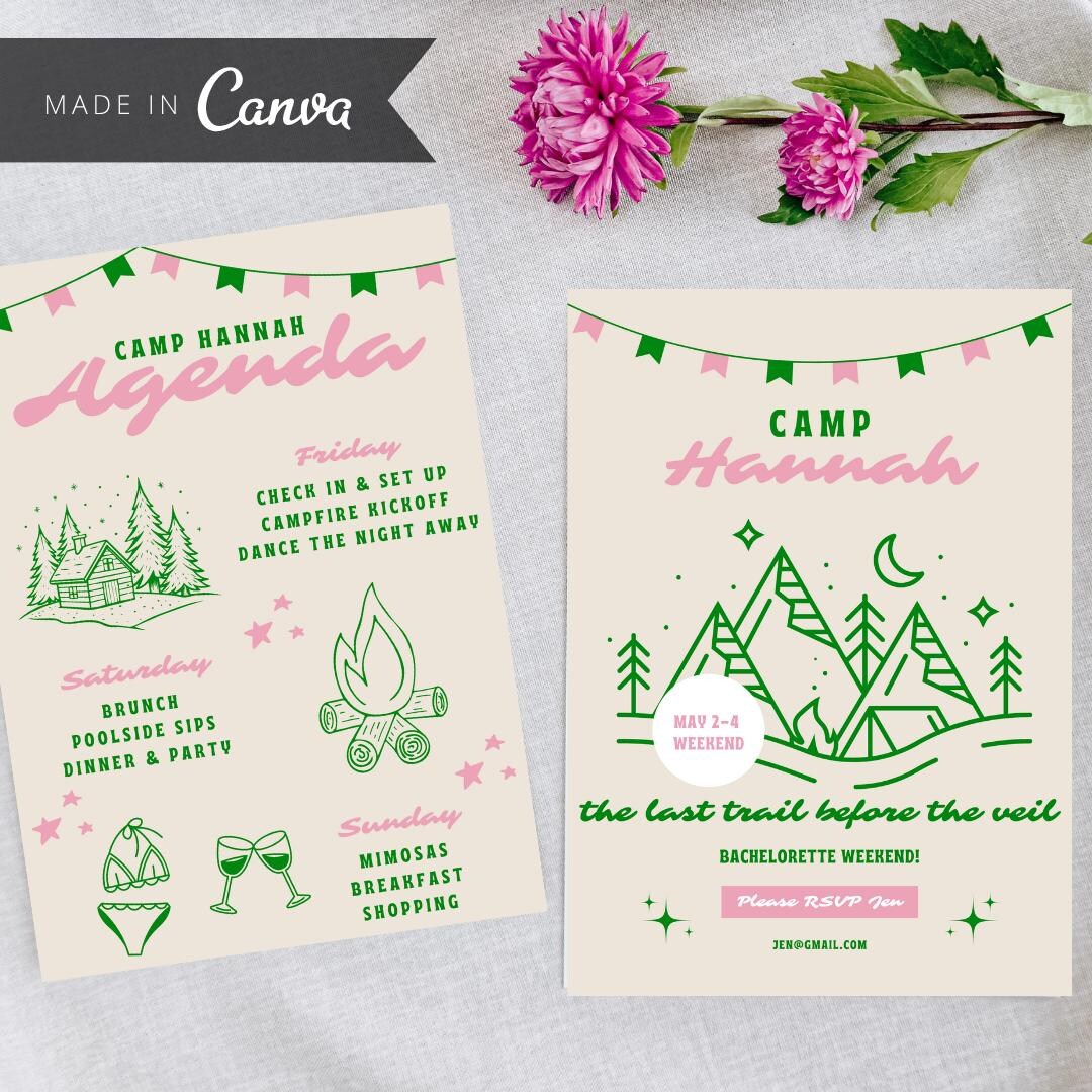 Camp Bachelorette Party Invitation Itinerary Template, Mountain ...
