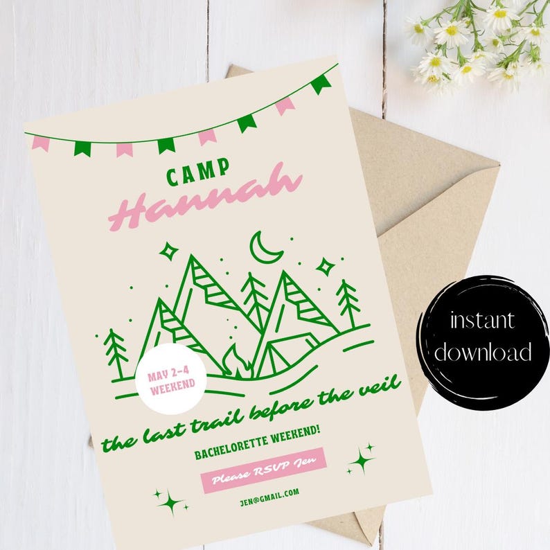 Camp Bachelorette Party Invitation Itinerary Template, Mountain ...