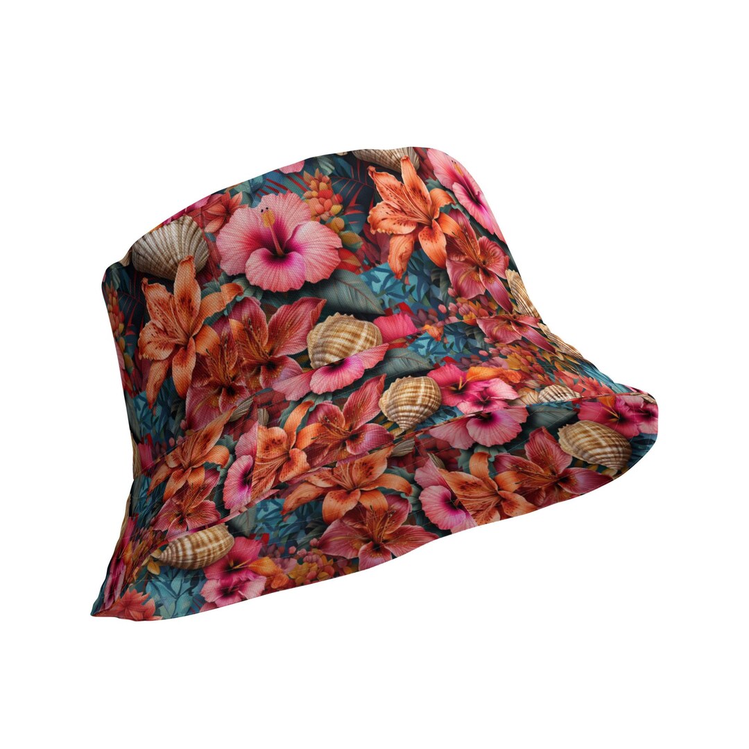 Reversible Tropical Floral & Seashell Bucket Hat - Etsy
