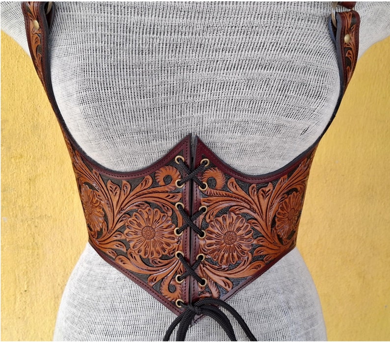 Wester Cowboy Tooled Carving Medieval-viking Leather Under-bust Corset ...