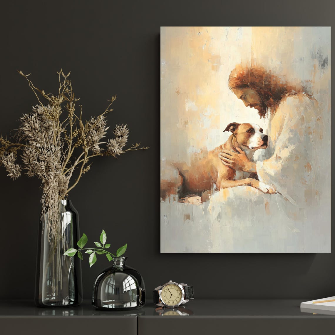Jesus With Dog Canvas Wall Art – Compassionate Christ Painting, Faith ...