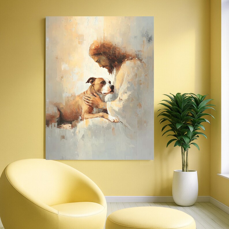 Jesus With Dog Canvas Wall Art – Compassionate Christ Painting, Faith ...