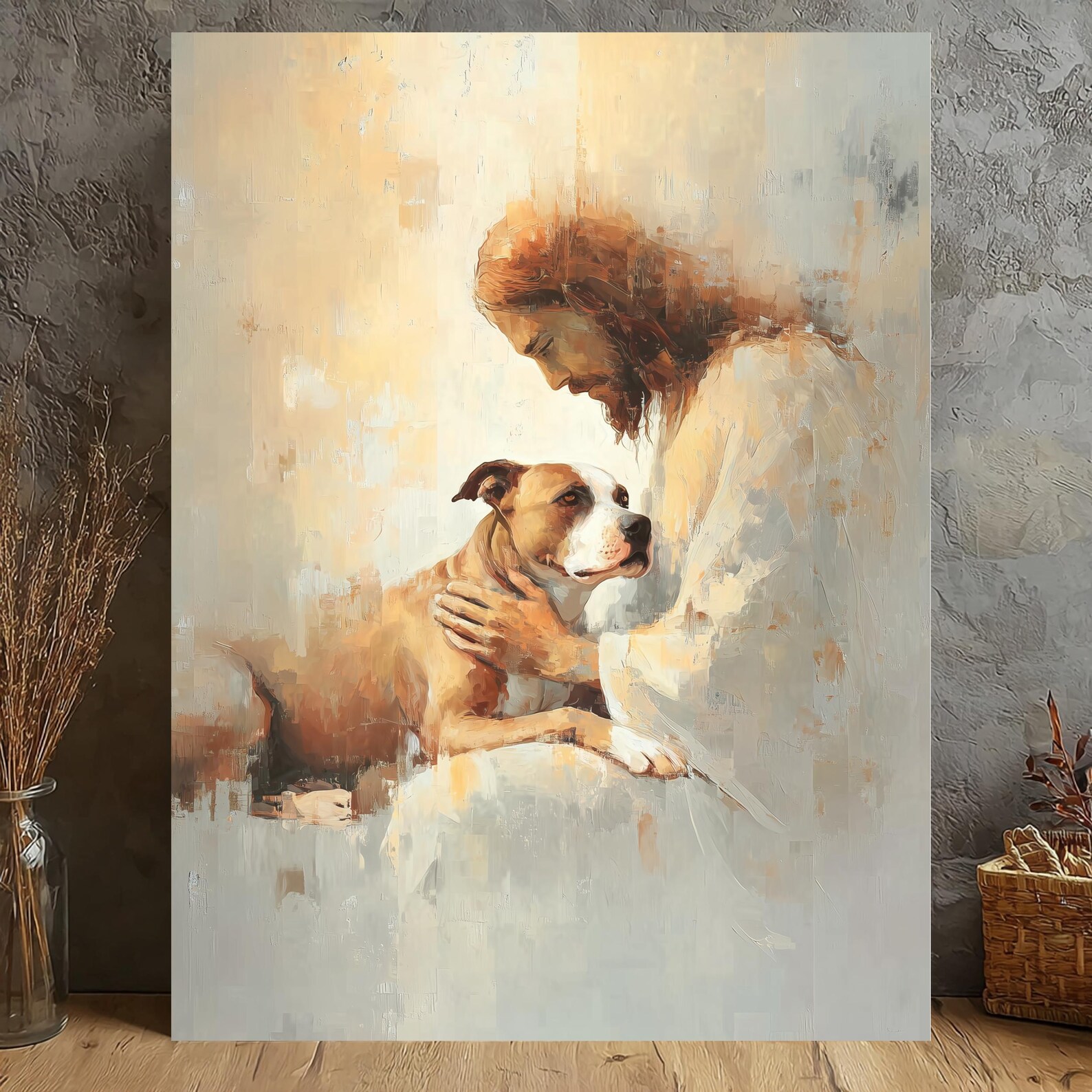 Jesus With Dog Canvas Wall Art – Compassionate Christ Painting, Faith ...
