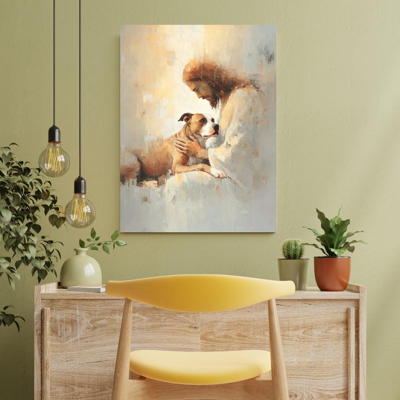 Jesus With Dog Canvas Wall Art – Compassionate Christ Painting, Faith ...