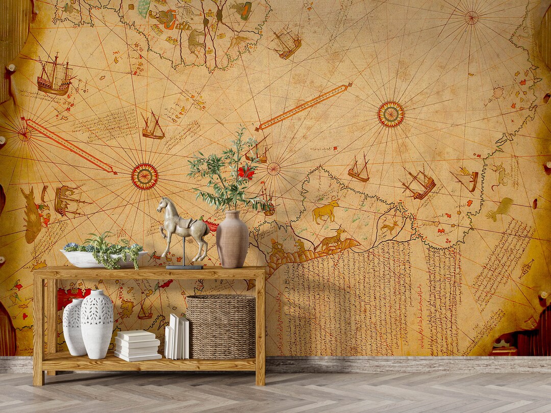 Old Map Look Themed Wallpaper for Living Room-ancient Map Design Mural ...