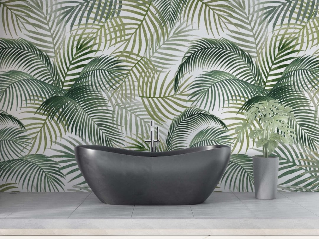 Tropical Palm Tree Design Wallpaper-green and Light Green Big Leaf ...