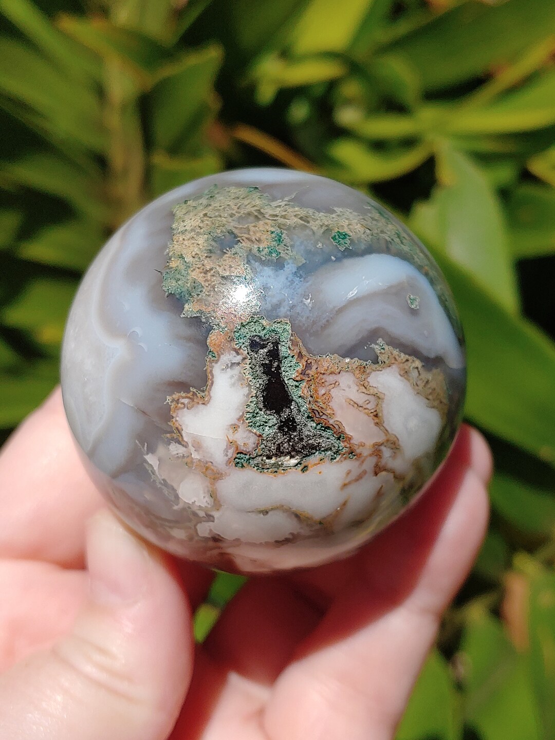 Gorgeous Moss Agate Crystal Sphere 60 MM White & Grey Agate Crackle ...