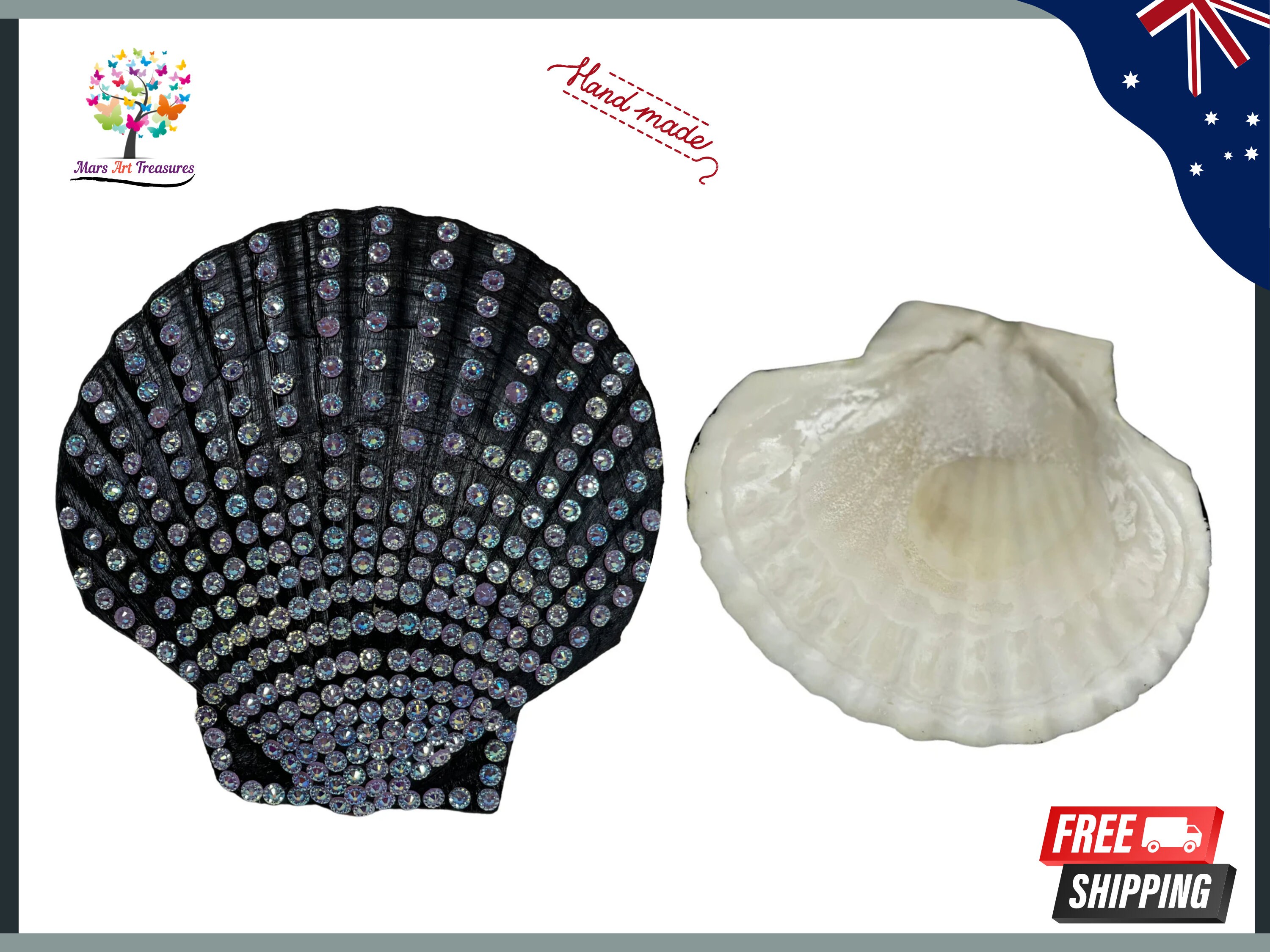 Large Hand-painted Black Scallop Shell Crystal Adorned Seashell Ring ...