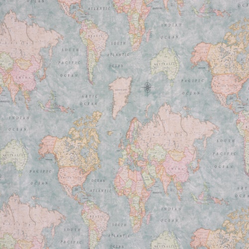 World Map Fabric Blue Background - Etsy