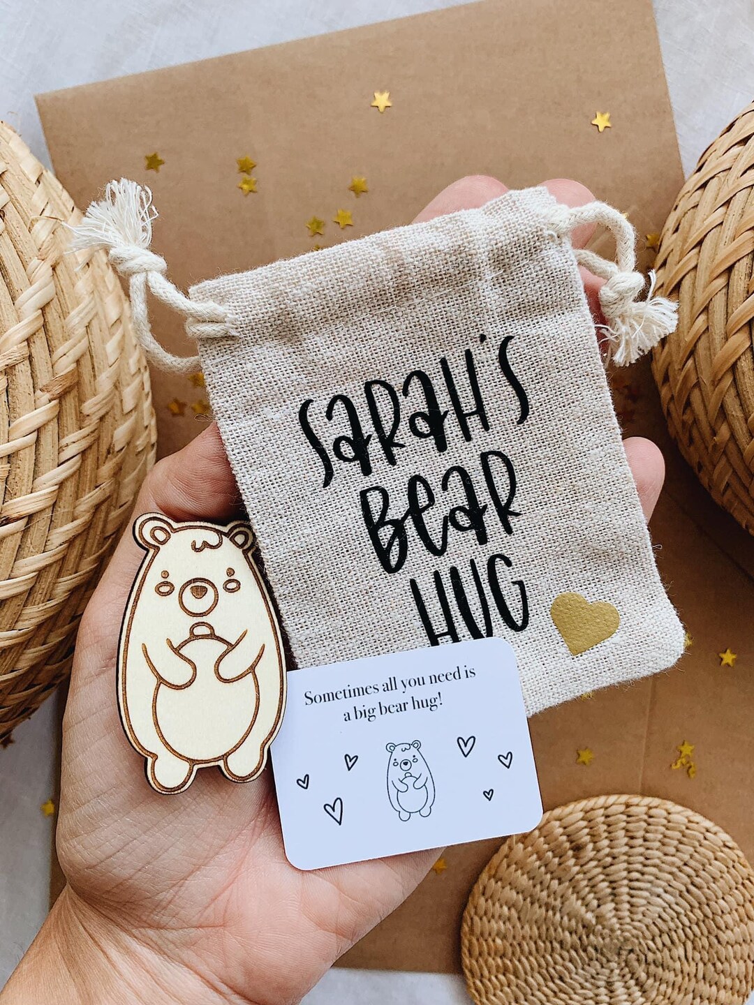 Personalised Wooden Bear Hug Token in Bag | Anxiety Pocket Token Gift ...