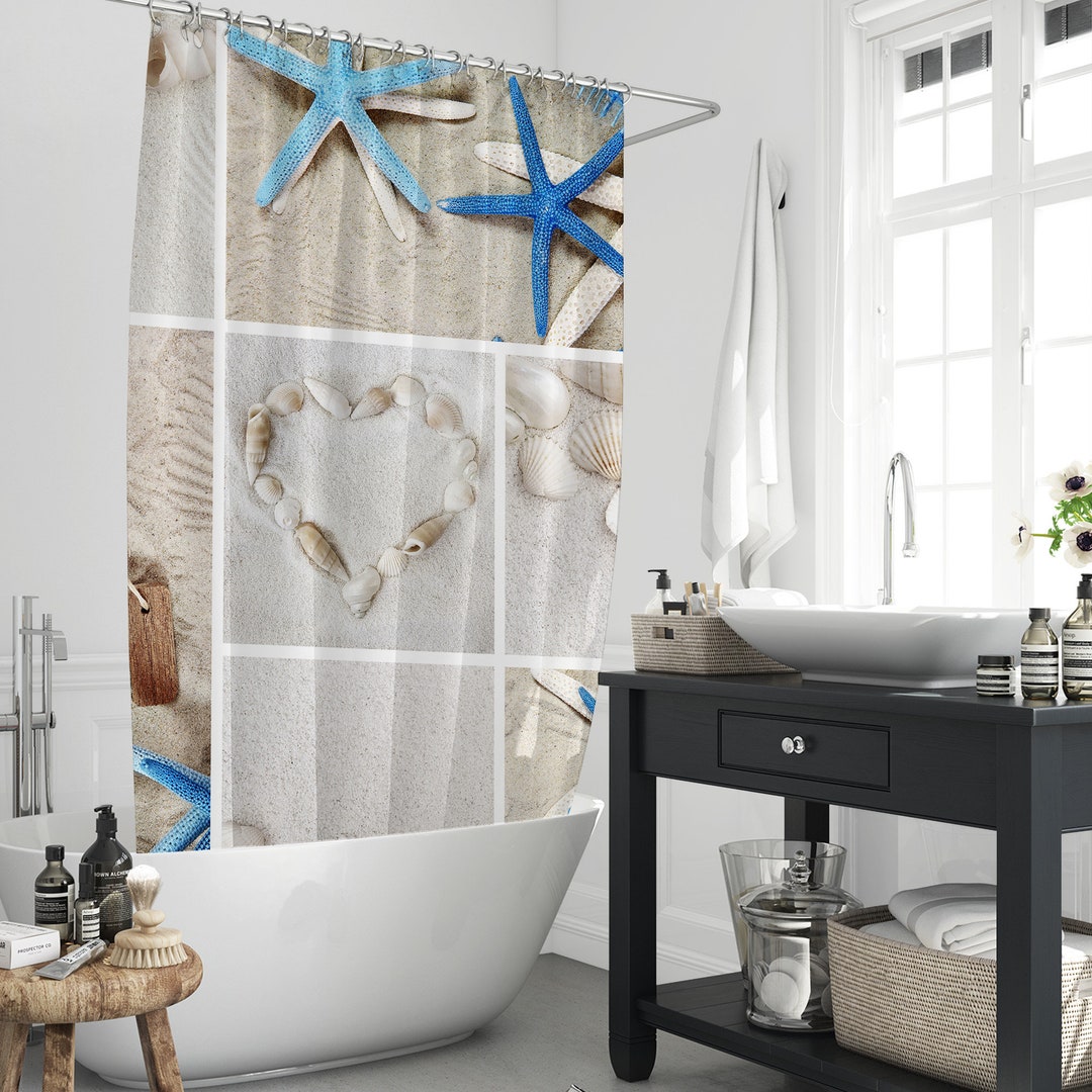 Ocean Sea Shell and Starfish Shower Curtain, Seaside Beach Sand ...