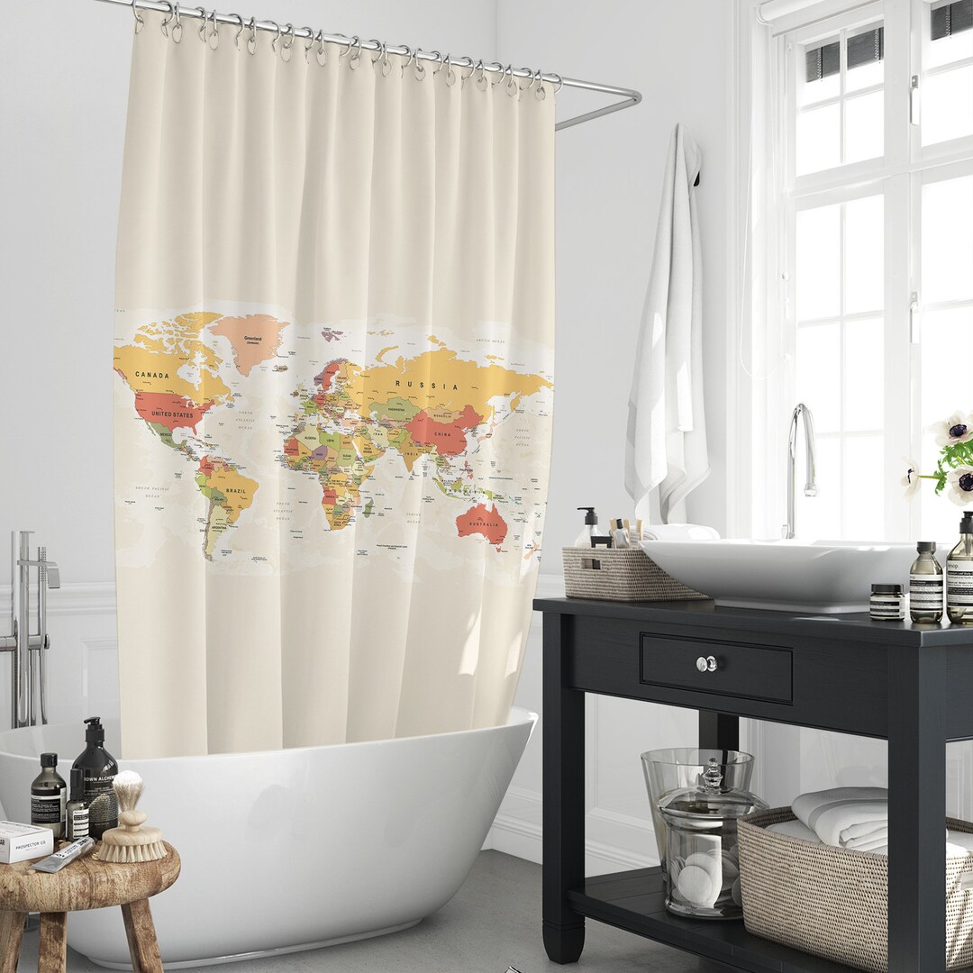 Vintage World Map Overview Shower Curtain, Retro Global Maps World ...