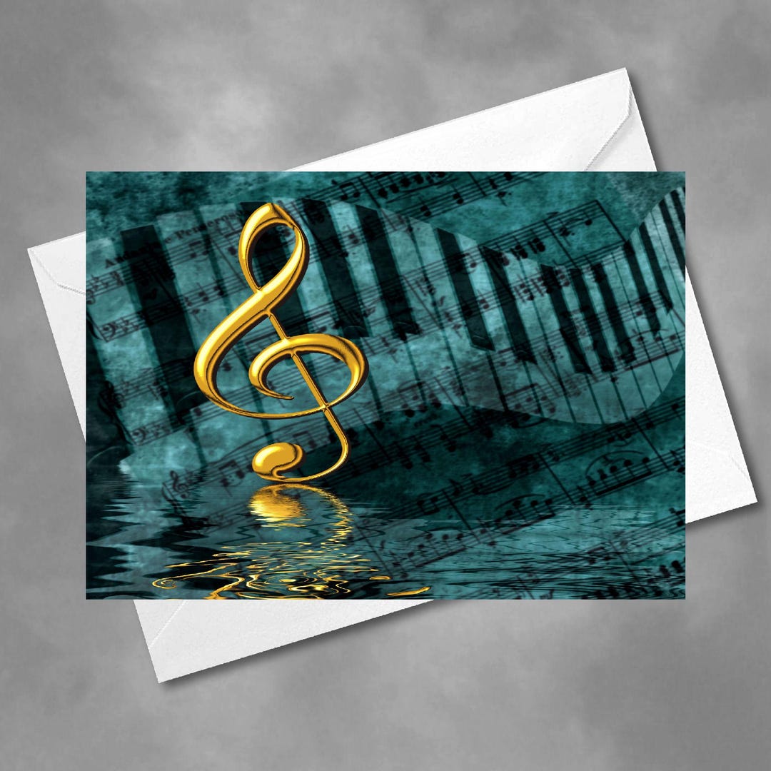 Card With Sheet Music & a Wavy Piano Keyboard and a Golden Treble Clef ...