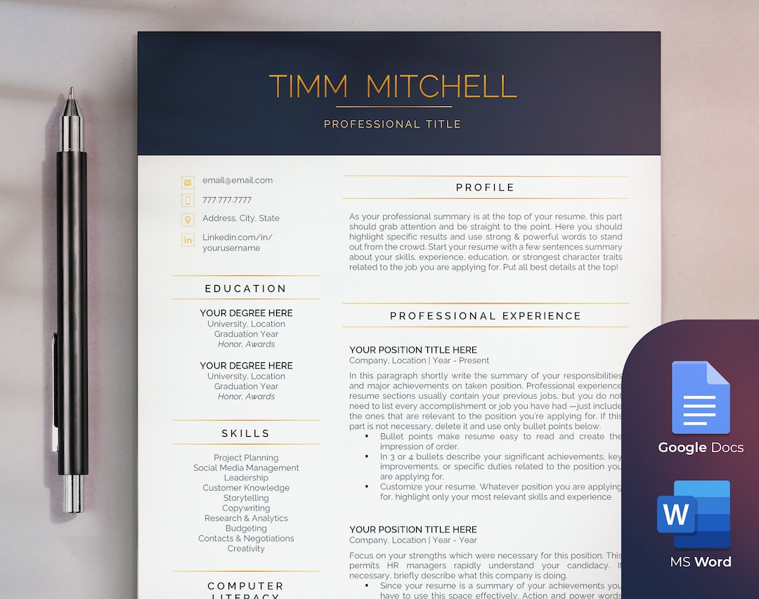 Executive Resume Template for Word, Google Docs, C-level Resume ...