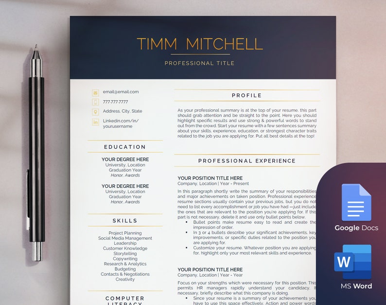 Executive Resume Template for Word, Google Docs, C-level Resume ...