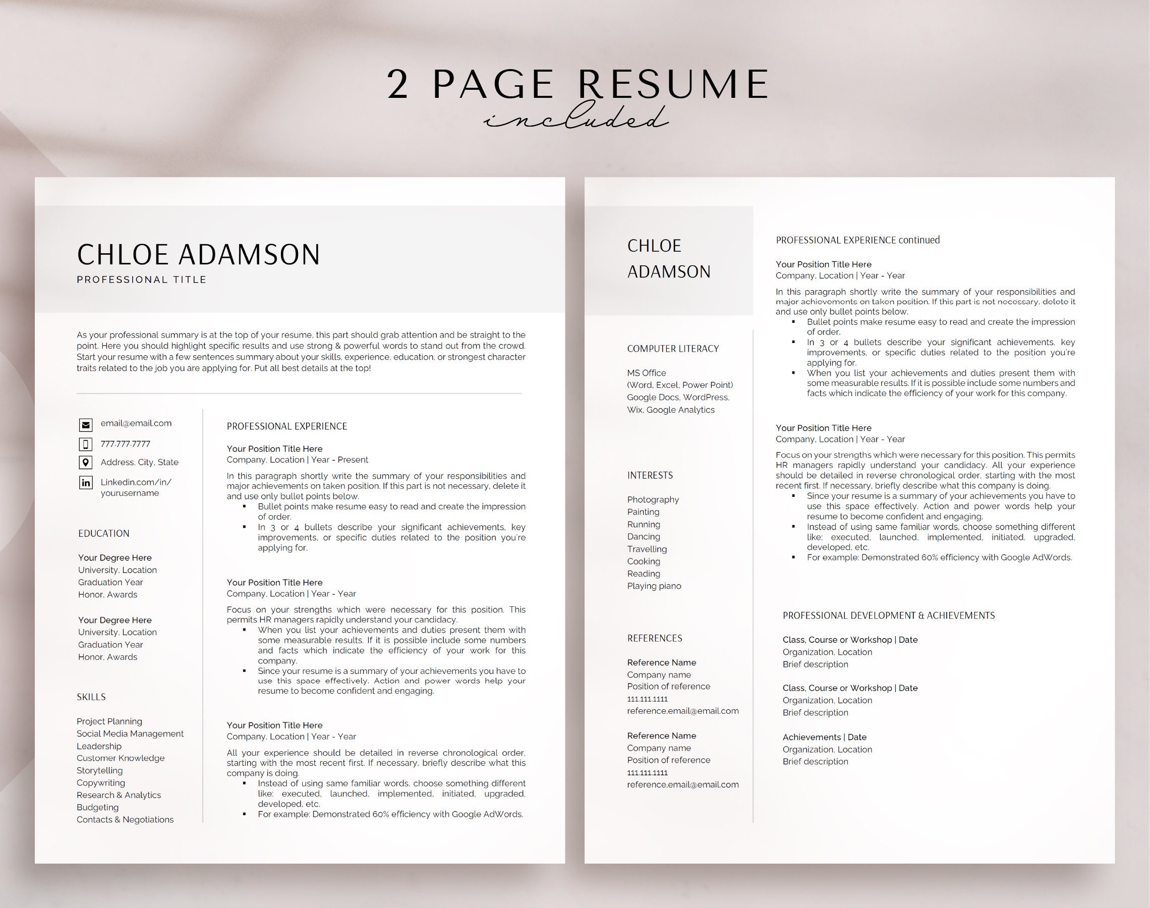 Modern Clean Resume Template for Word & Google Docs, Professional CV ...