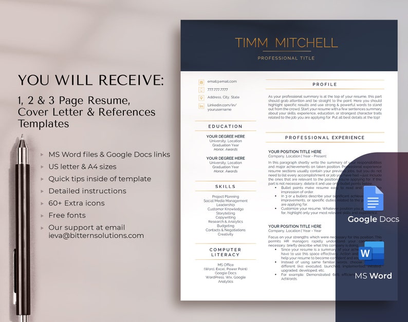 Executive Resume Template for Word, Google Docs, C-level Resume ...